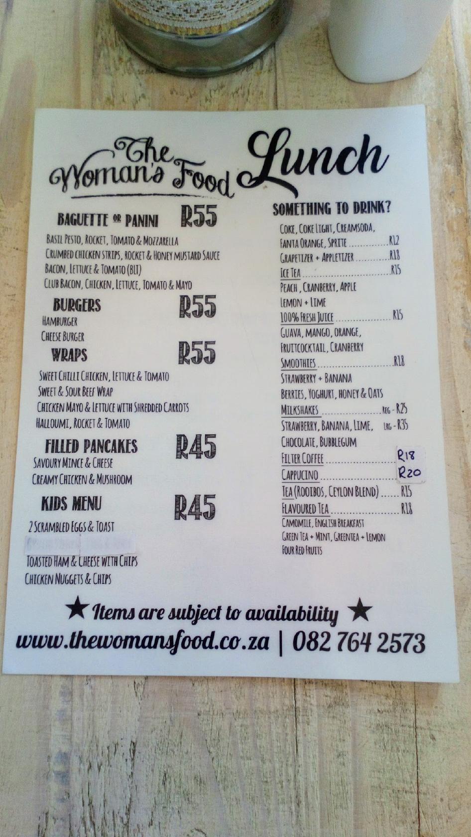 Menu at The Woman's Food restaurant, Secunda