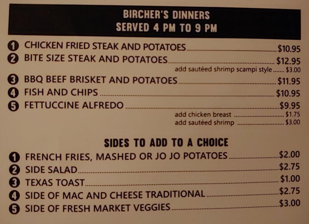Menu at Bircher's Grill restaurant, Lewiston