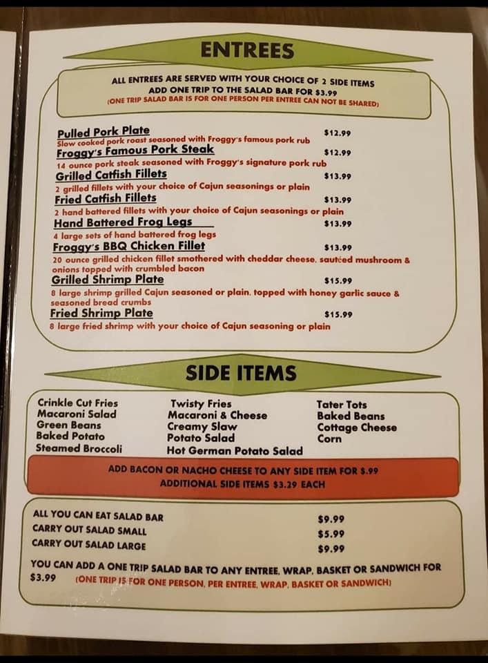 Menu at Froggy's Restaurant & Sports Bar, Wadesville, Main St