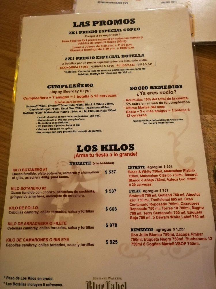 Carta del pub y bar Los Remedios Tijuana, Tijuana, Av. Diego Rivera 2479