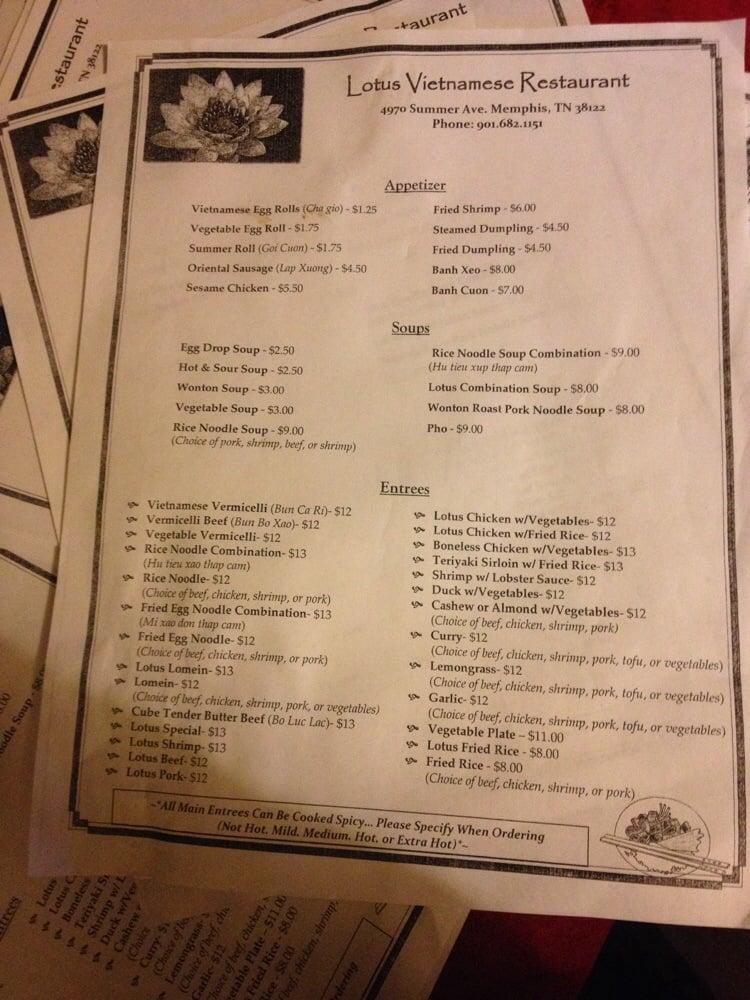 Menu at Lotus Vietnamese Restaurant, Memphis