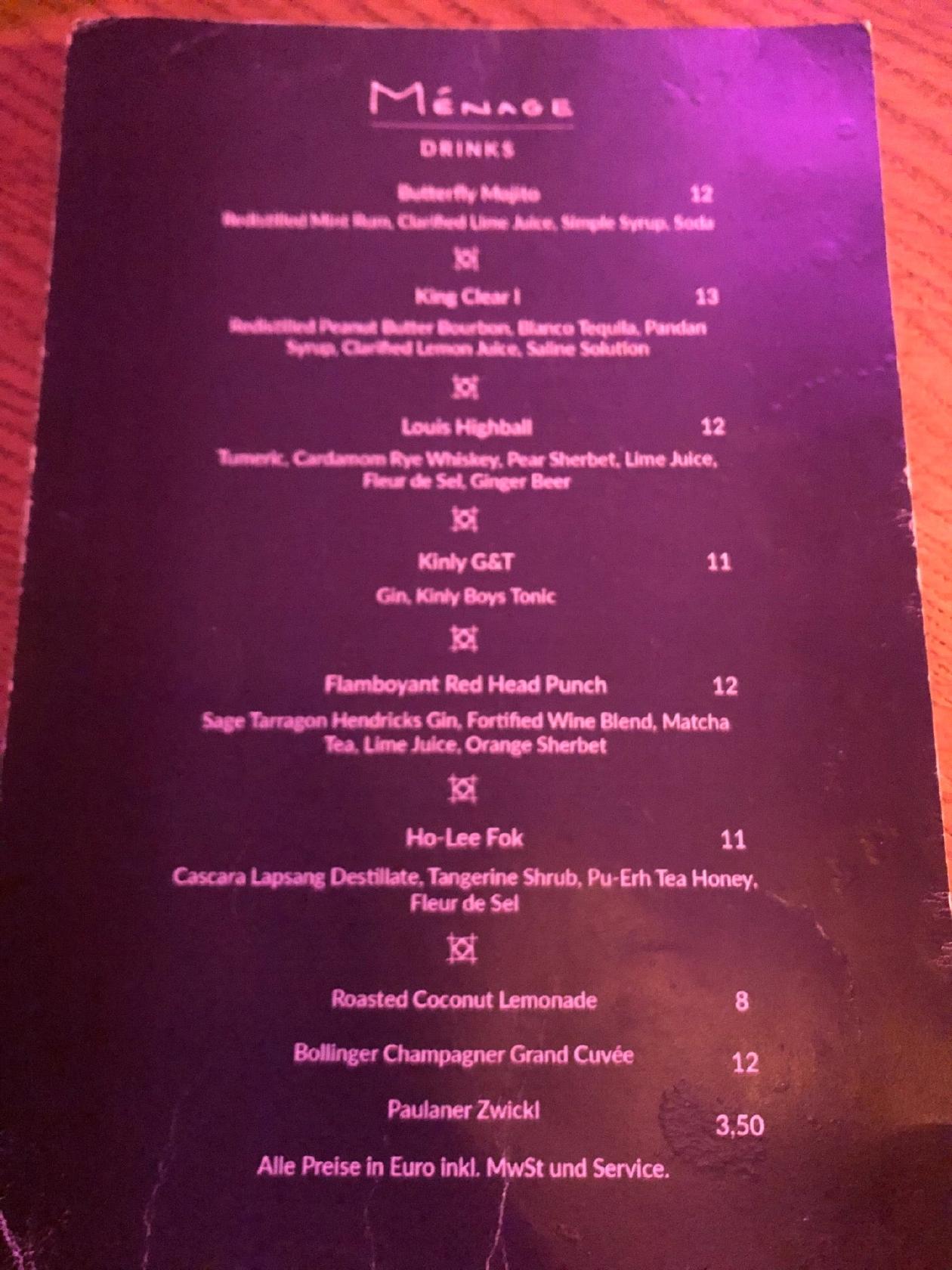 Menu at Ménage Bar, Munich