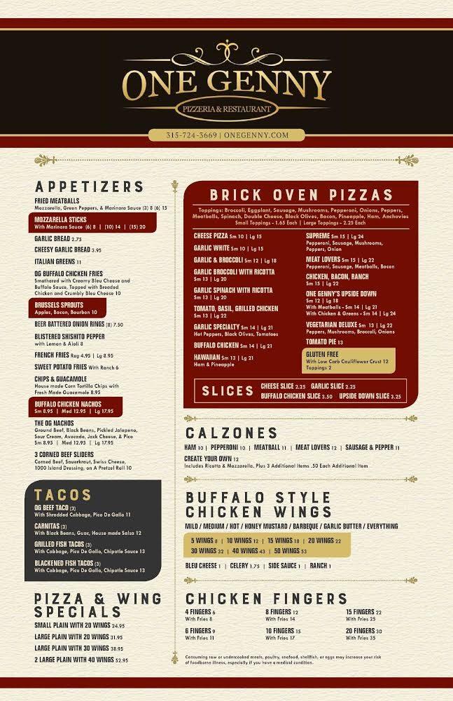 Menu at One Genny pub & bar, New Hartford
