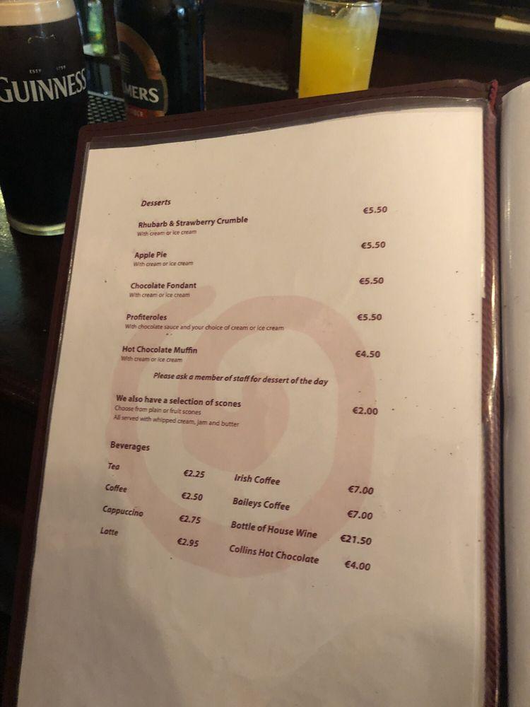 Menu at Pat Collins Bar, Adare