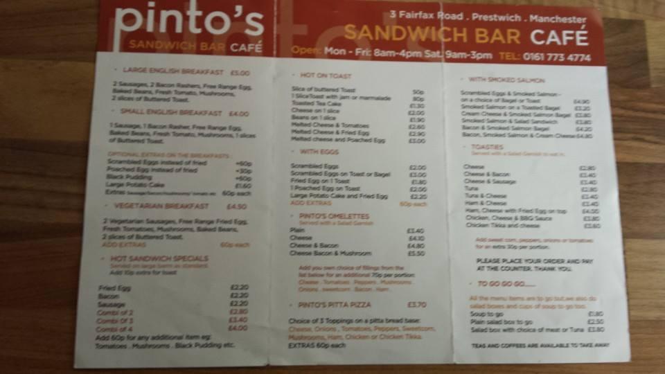 Menu at Pinto's The Friendly Village Cafe, Manchester