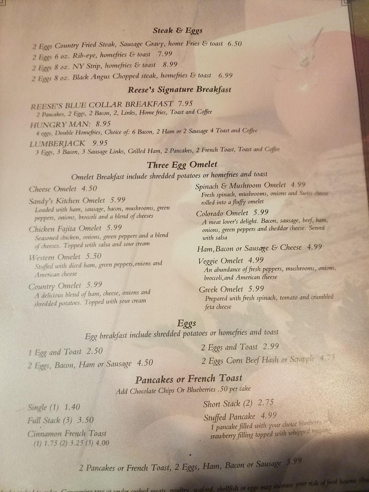 Menu at Reese's restaurant, Sayre