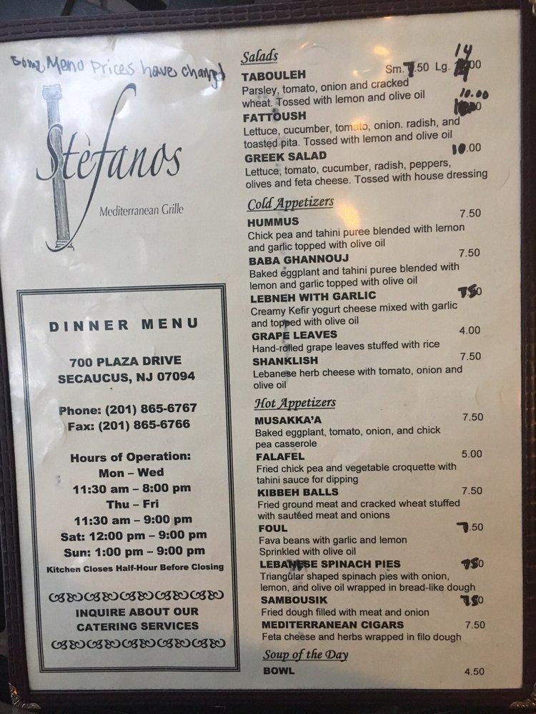 Menu at Stefanos Mediterranean Grille restaurant, Secaucus