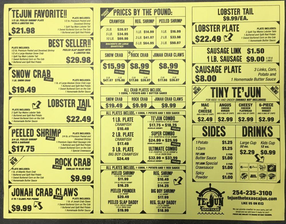 Menu at Te'Jun, The Texas Cajun restaurant, Fairfield