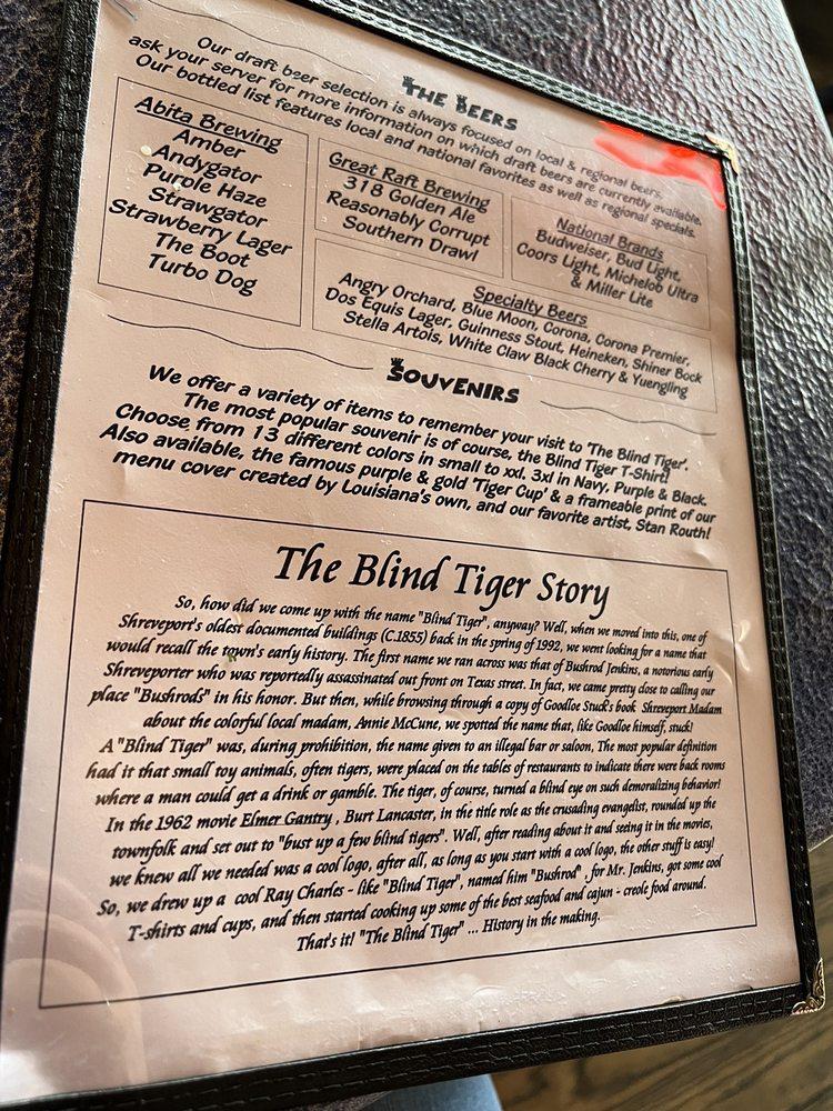 Menu at The Blind Tiger pub & bar, Shreveport