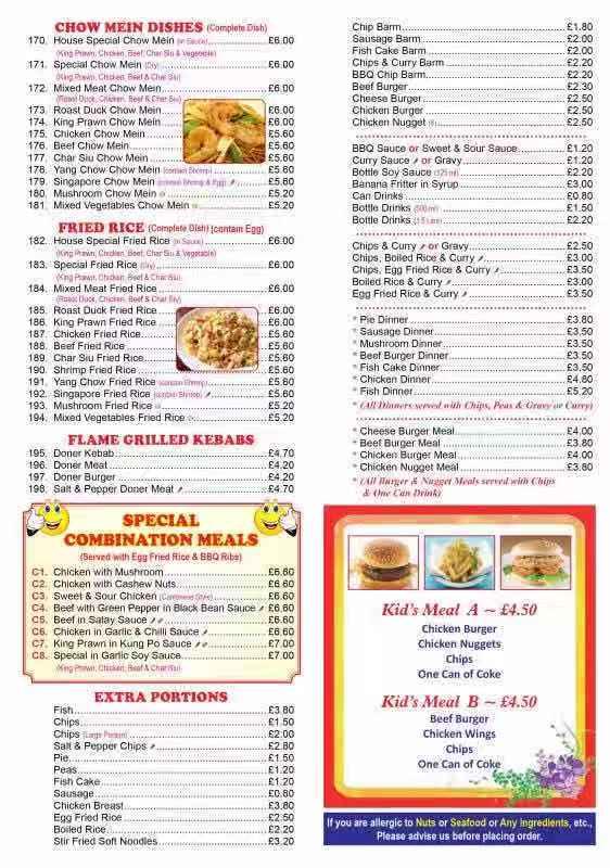Menu at Xin Xin Chinese takeaway restaurant, Liverpool
