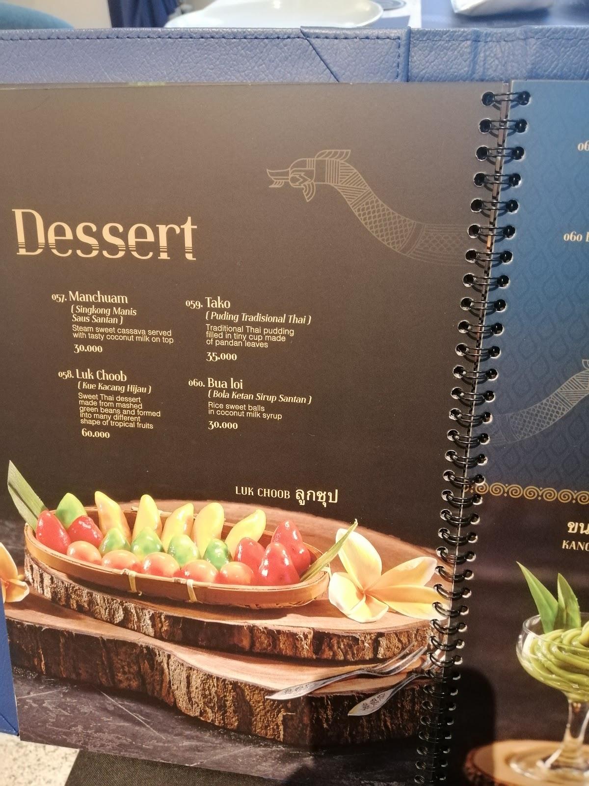 Menu at Chao Phraya Thai Fine Cuisine restaurant, Surabaya
