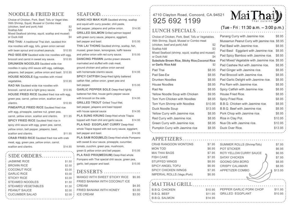 Menu at Mai Thai 2 restaurant, Concord