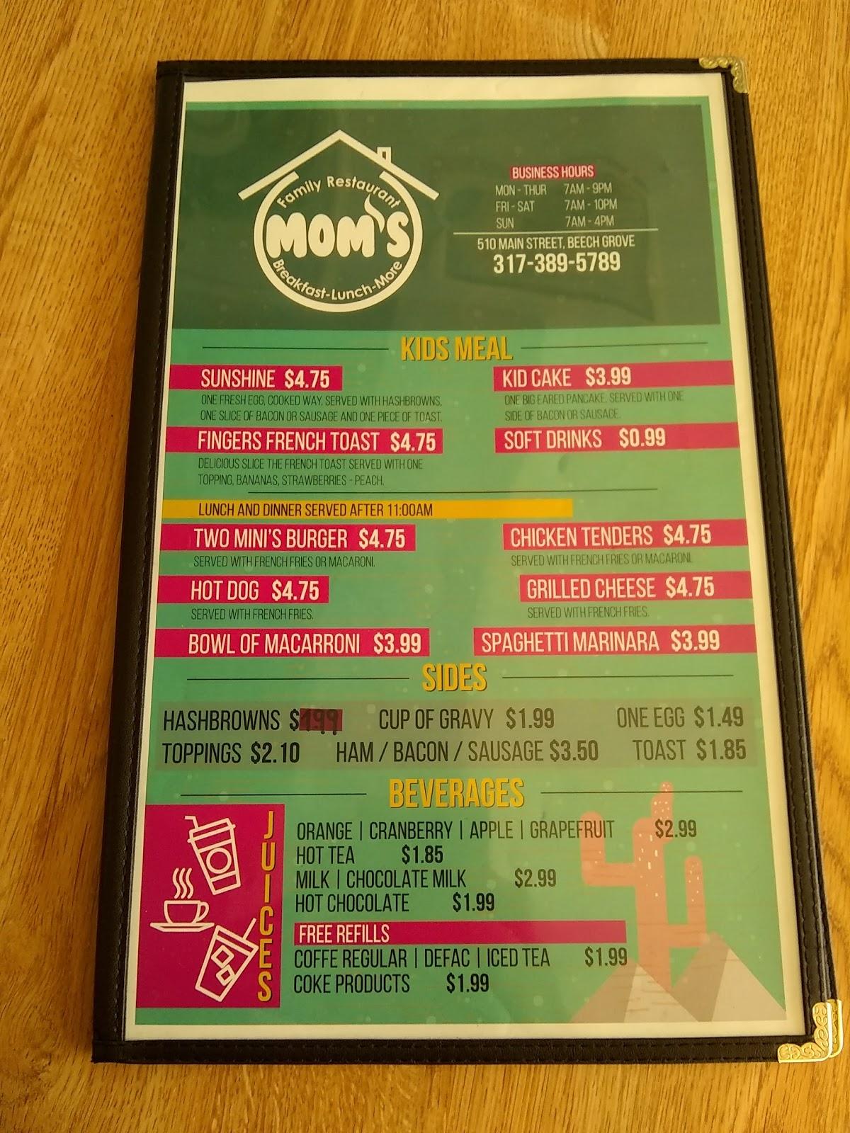 Menu at Mom's Family Restaurant, Beech Grove