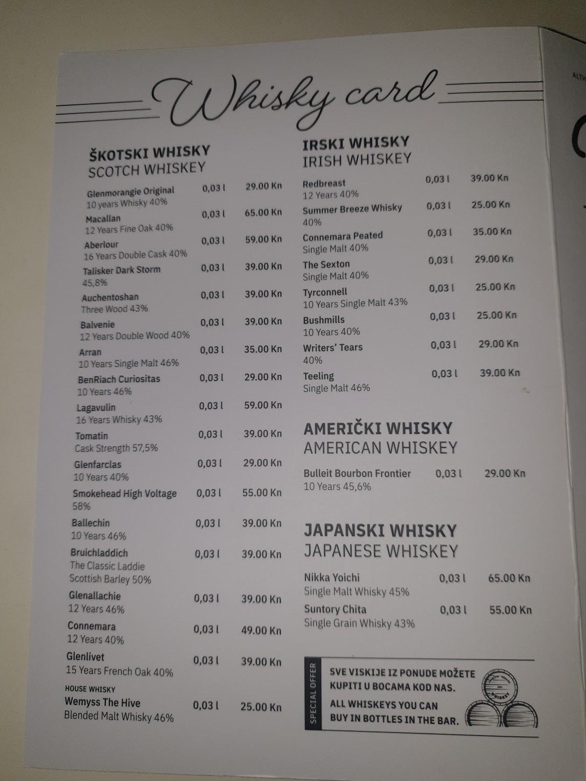 Menu at Moonlight whisky bar, Petrčane