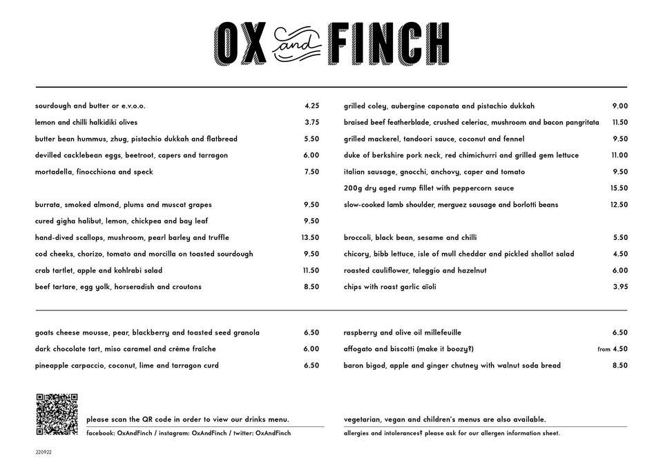 Menu at Ox and Finch restaurant, Glasgow, 920 Sauchiehall St
