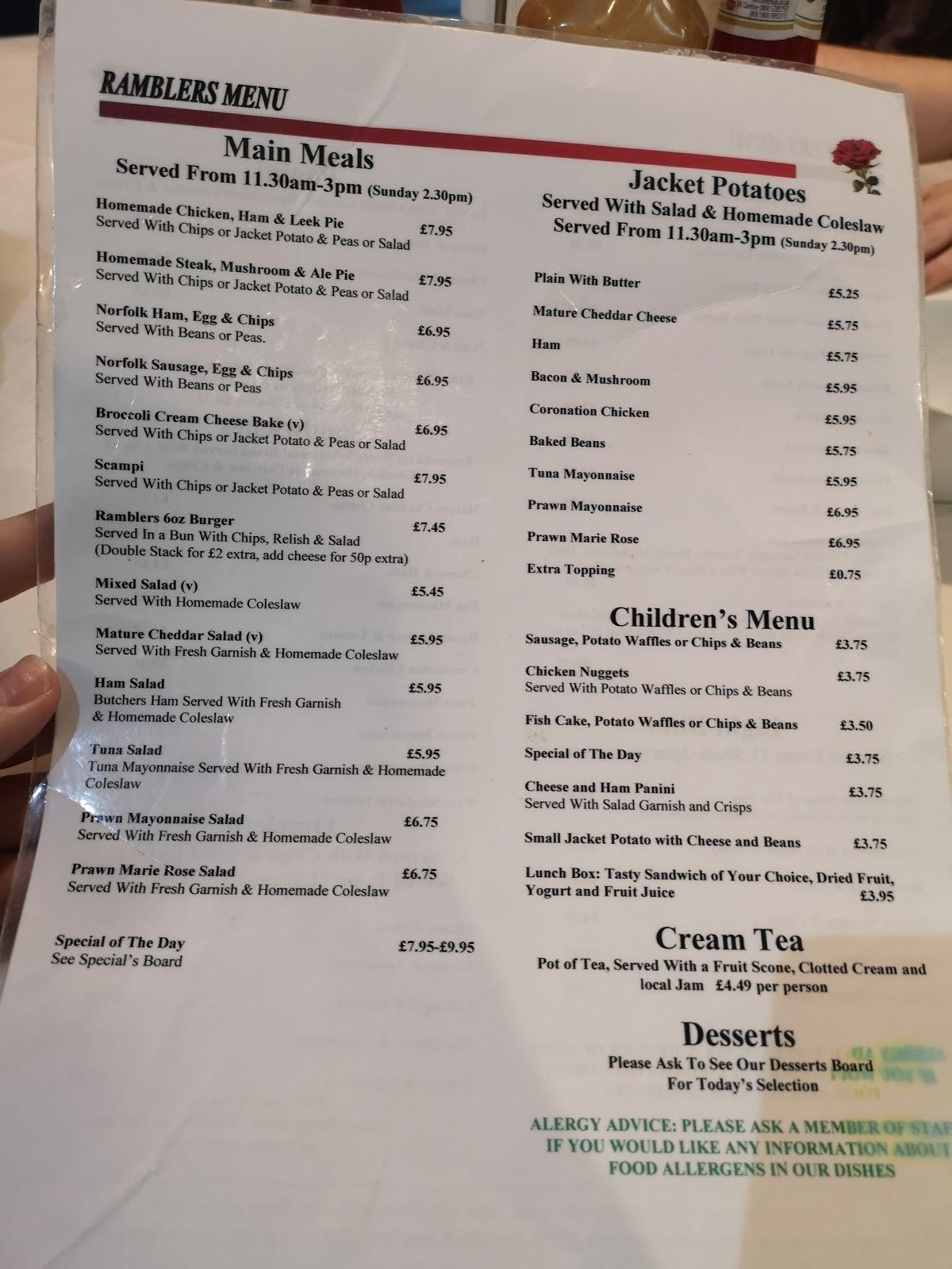 Menu at Ramblers Restaurant, North Walsham