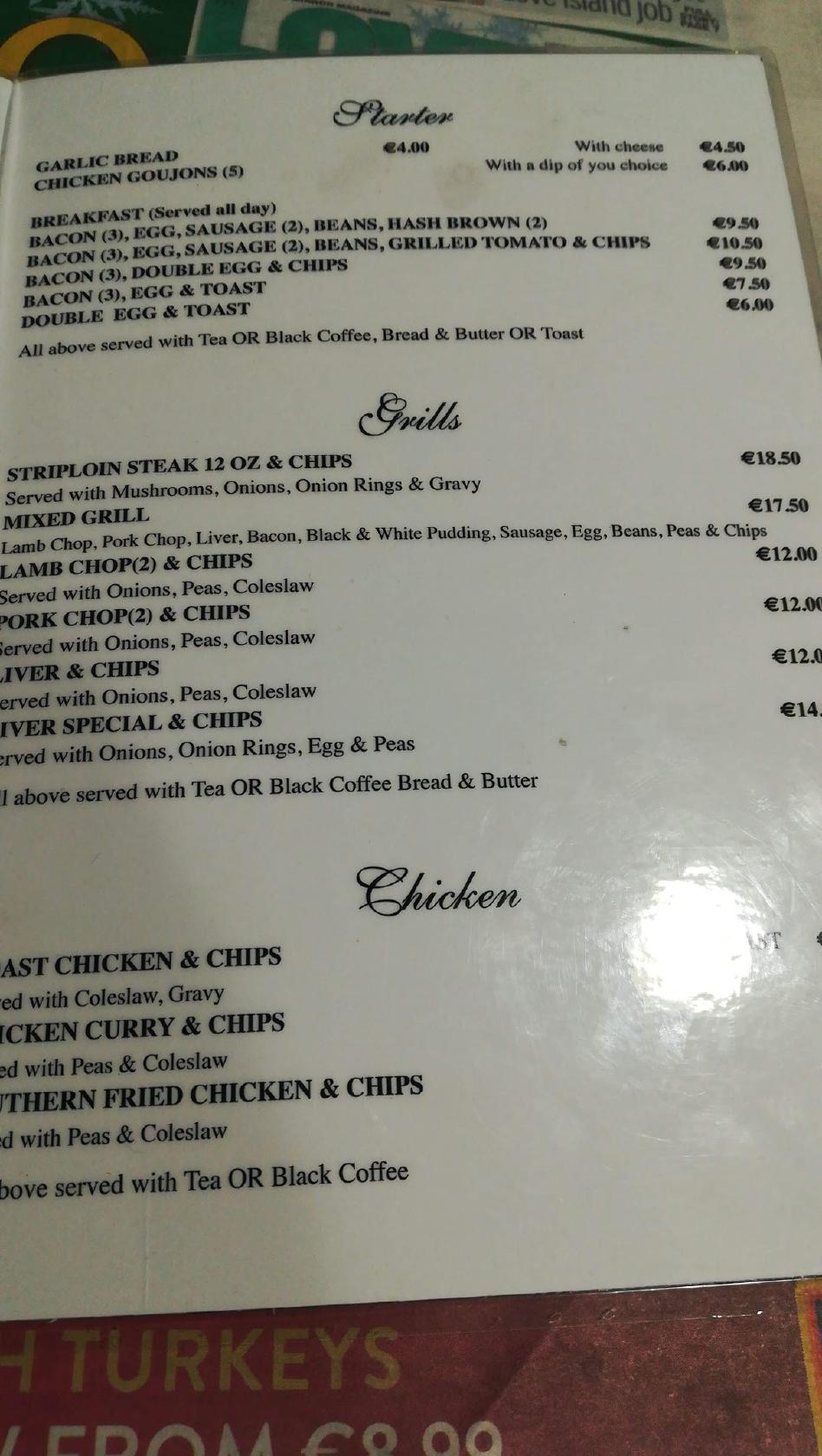 Menu at Roma Cafe, Kilkenny