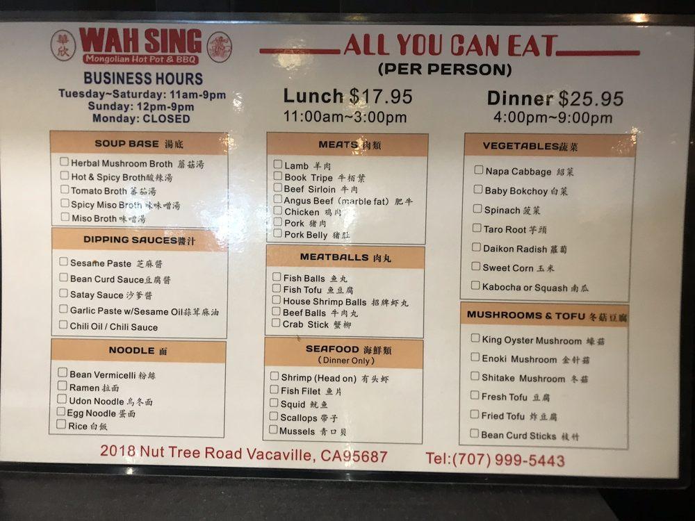 Menu at Wah Sing Mongolian BBQ & Hot Pot, Vacaville, Nut Tree Rd