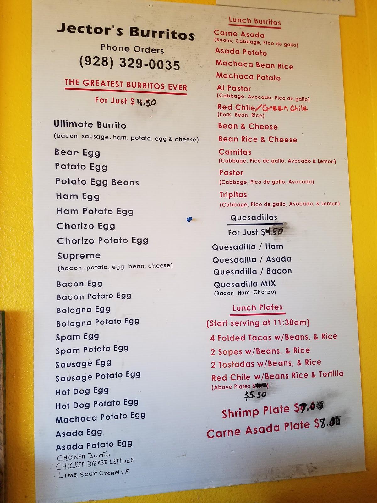 Menu at Jector's Burritos restaurant, Yuma