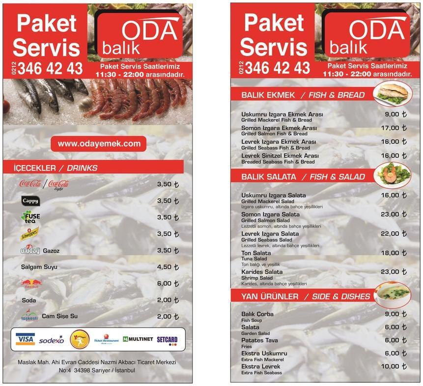 Menu at Oda Balık, Maslak