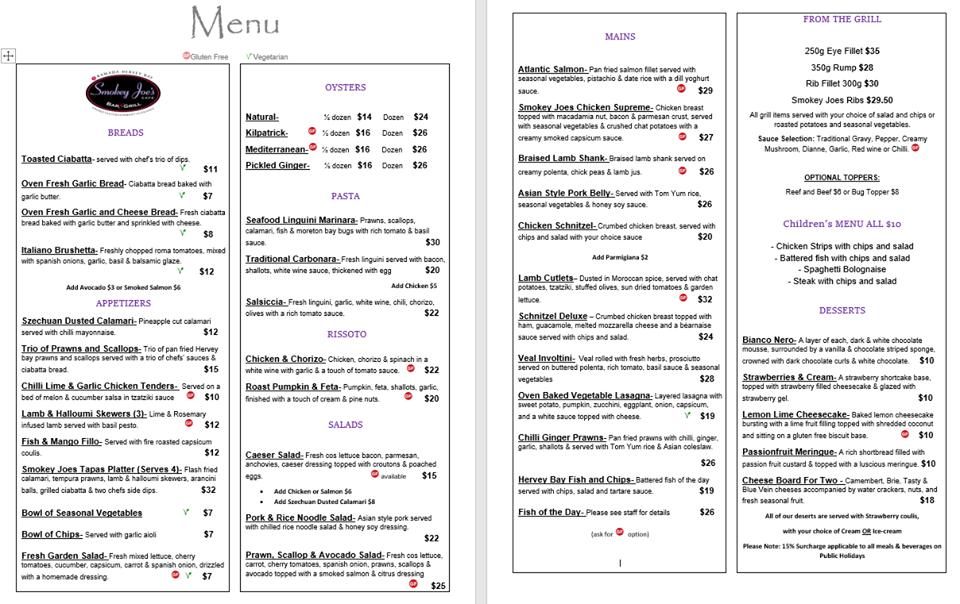 Menu at Ramada Hervey Bay Hervey Bay QLD restaurant, Hervey Bay