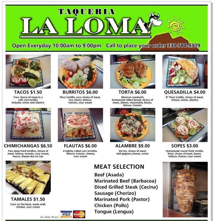 Menu at Taqueria La Loma restaurant, Akron, 459 Darrow Rd