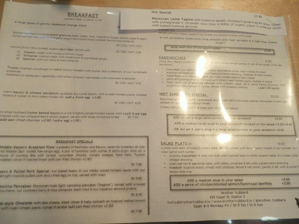 Menu at Brother Hubbard (North), Dublin
