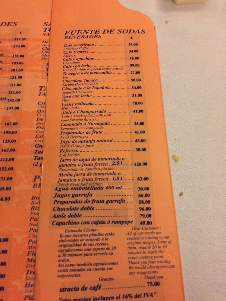 Menu at Café De Tacuba, Mexico City, C. de Tacuba 28