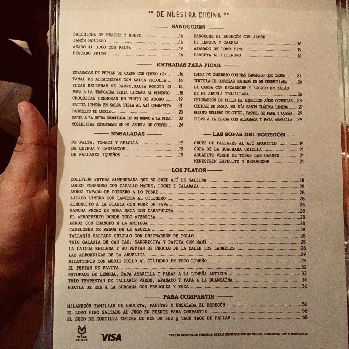 Menu at El Bodegon de Miraflores restaurant, Miraflores, C. Tarapacá 197