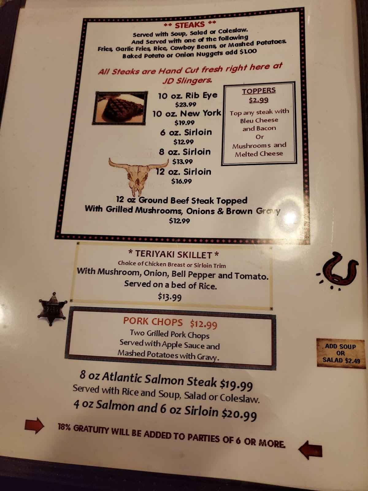 Menu at J D Slinger's Steakhouse, Fallon