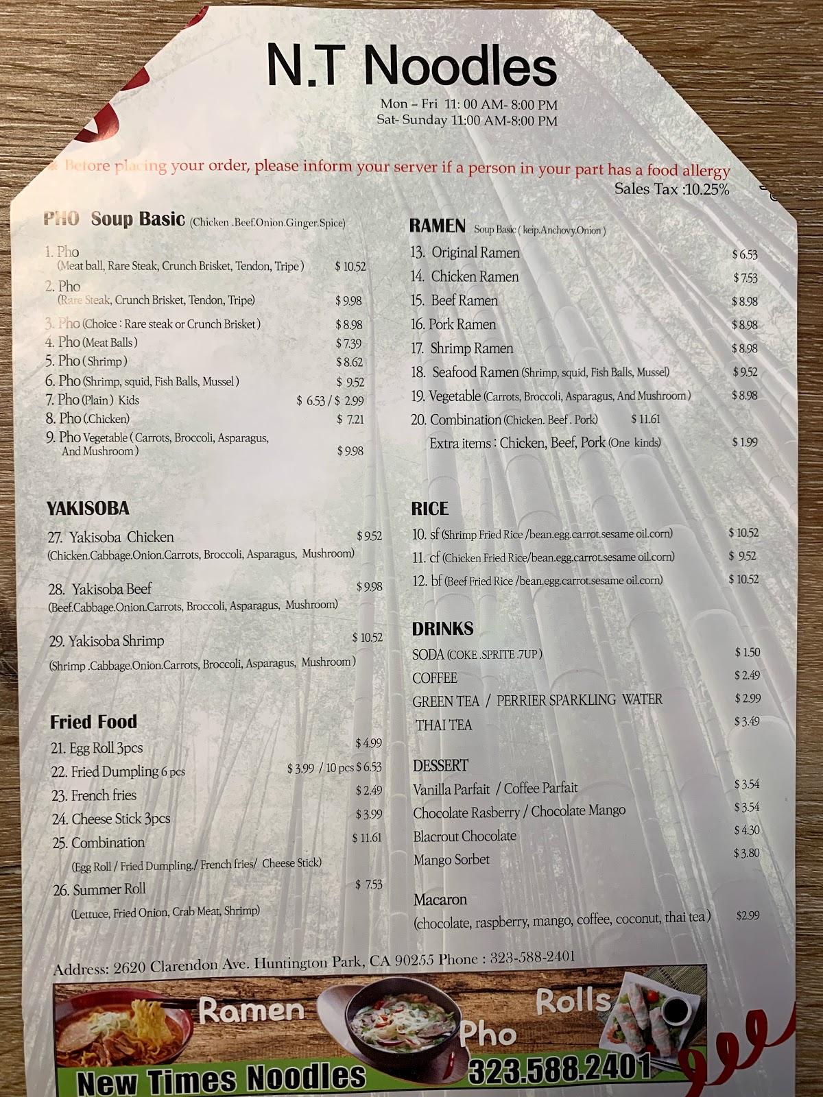 Menu at NT Noodles restaurant, Huntington Park