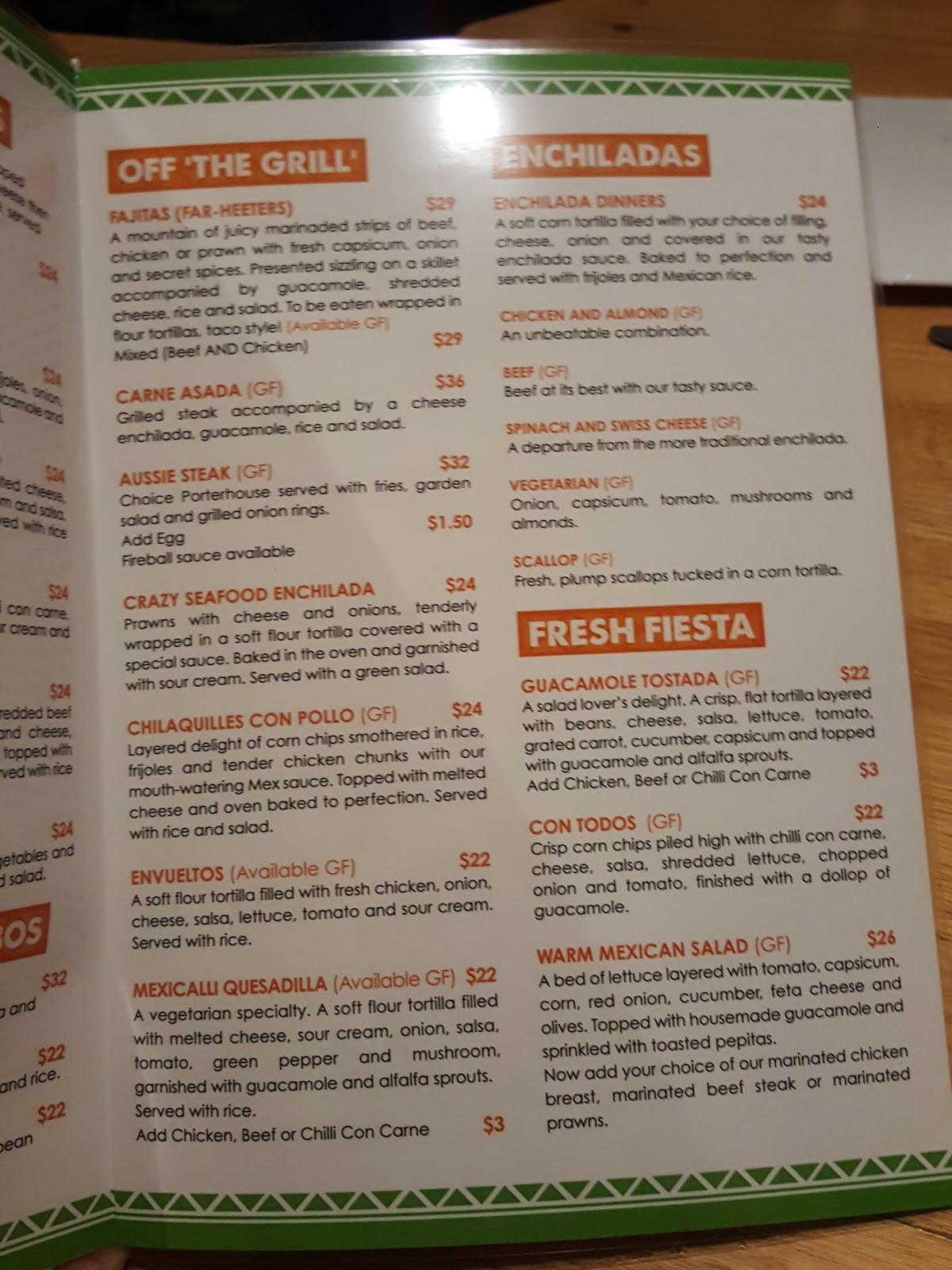 Menu at Oz Mex restaurant, Bairnsdale
