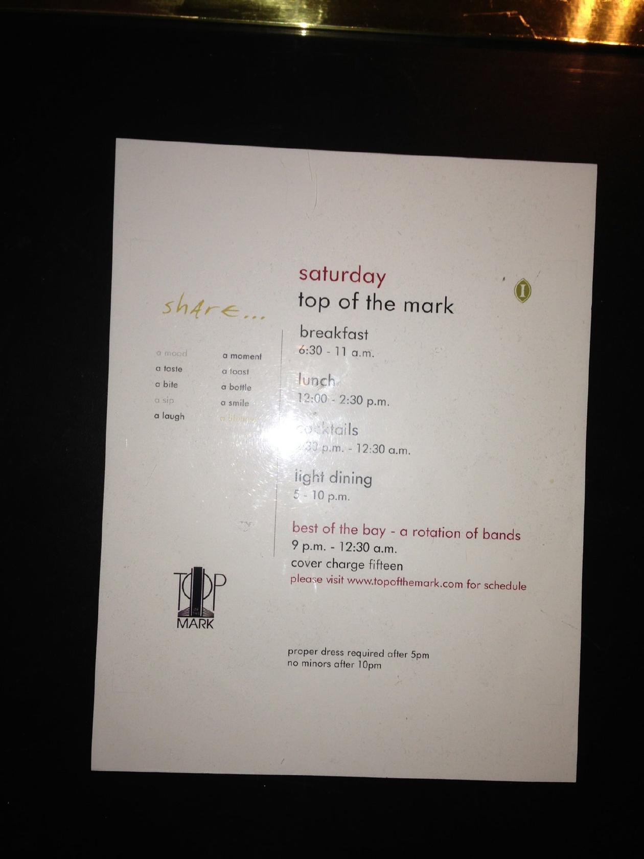 Menu at Top of the Mark pub & bar, San Francisco, 999 California St