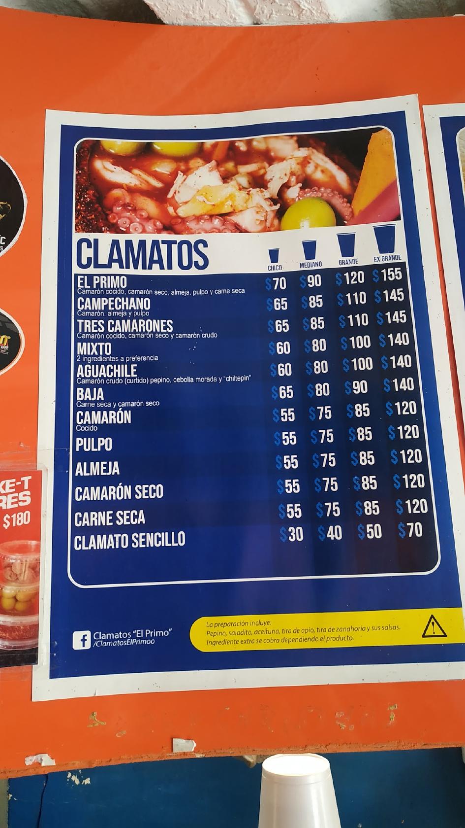 Carta del restaurante Botanas Y Clamatos El Primo, Tijuana