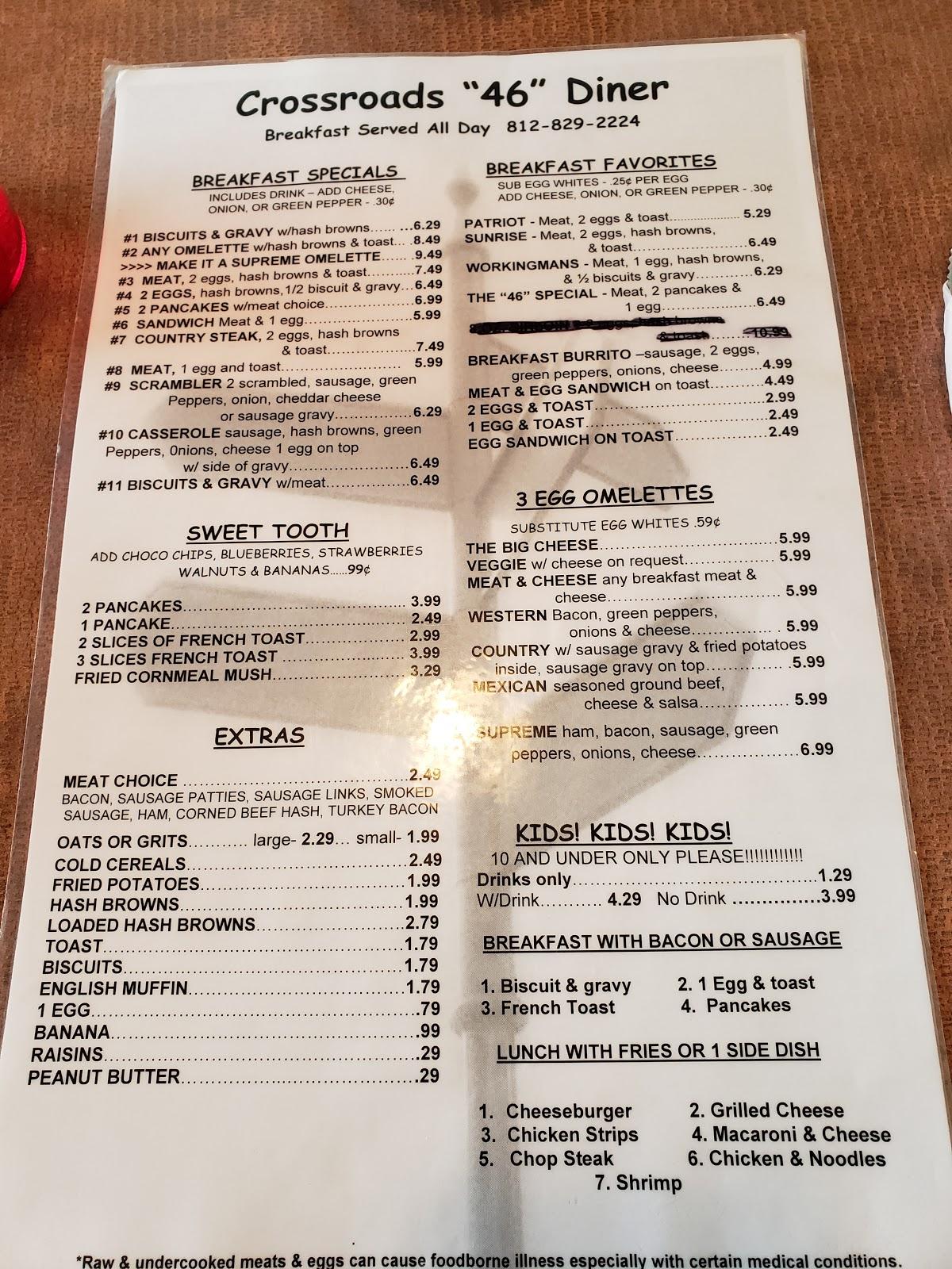 Menu at Crossroads 46 Diner steakhouse, Spencer