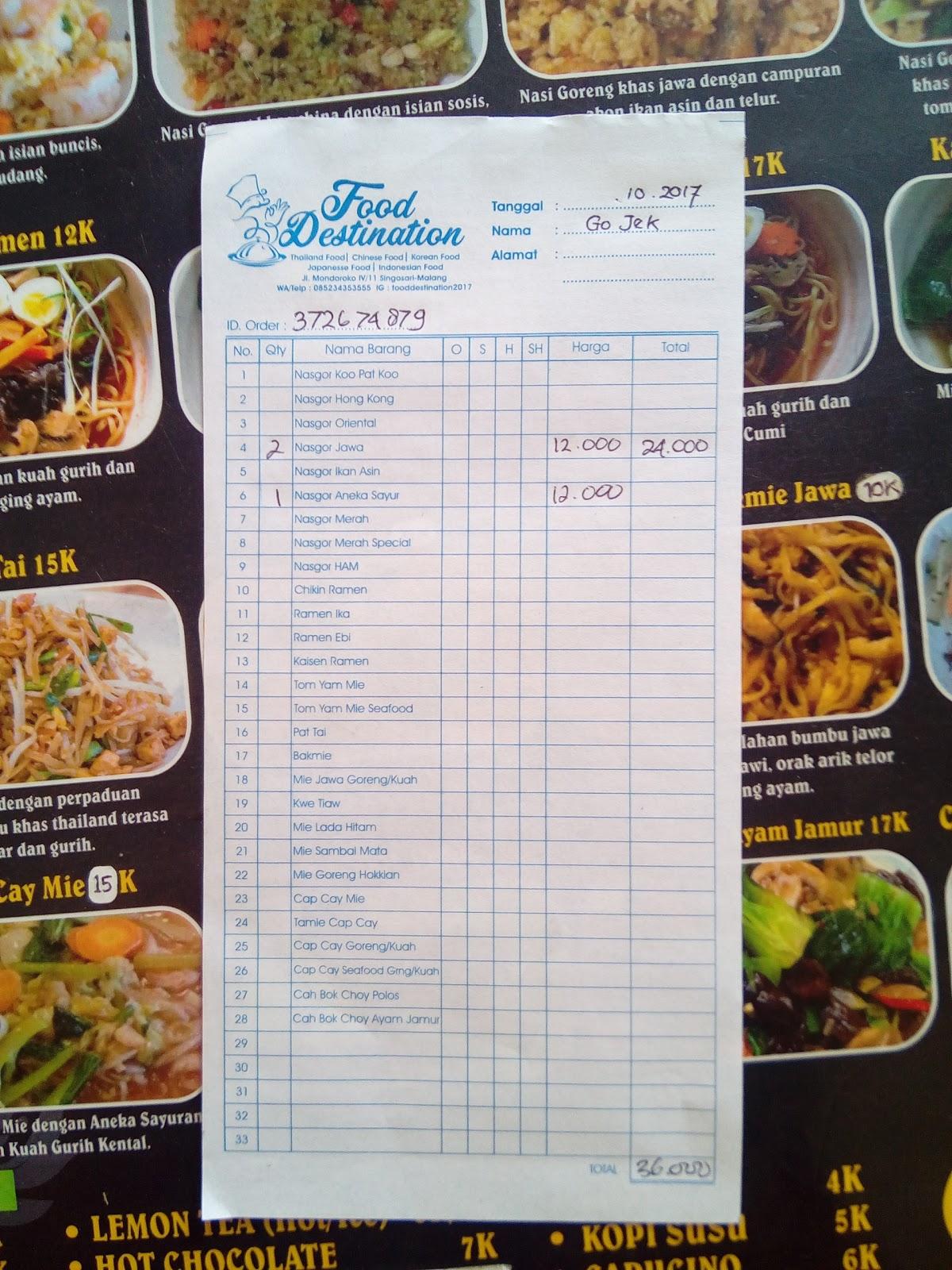 Menu at Food Destination cafe, Malang