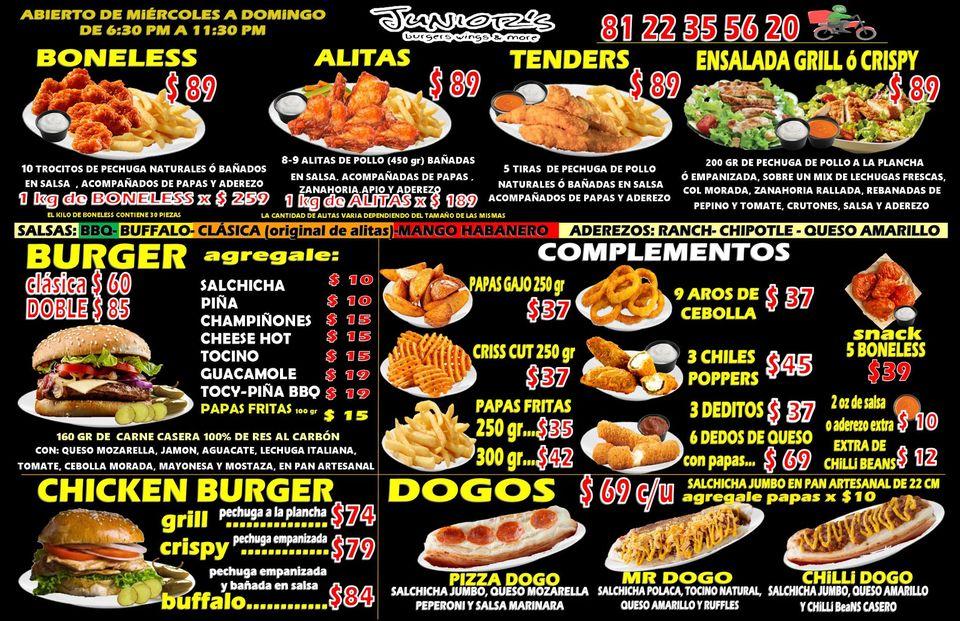 Menu at Junior's burger wings and more restaurant, Guadalupe