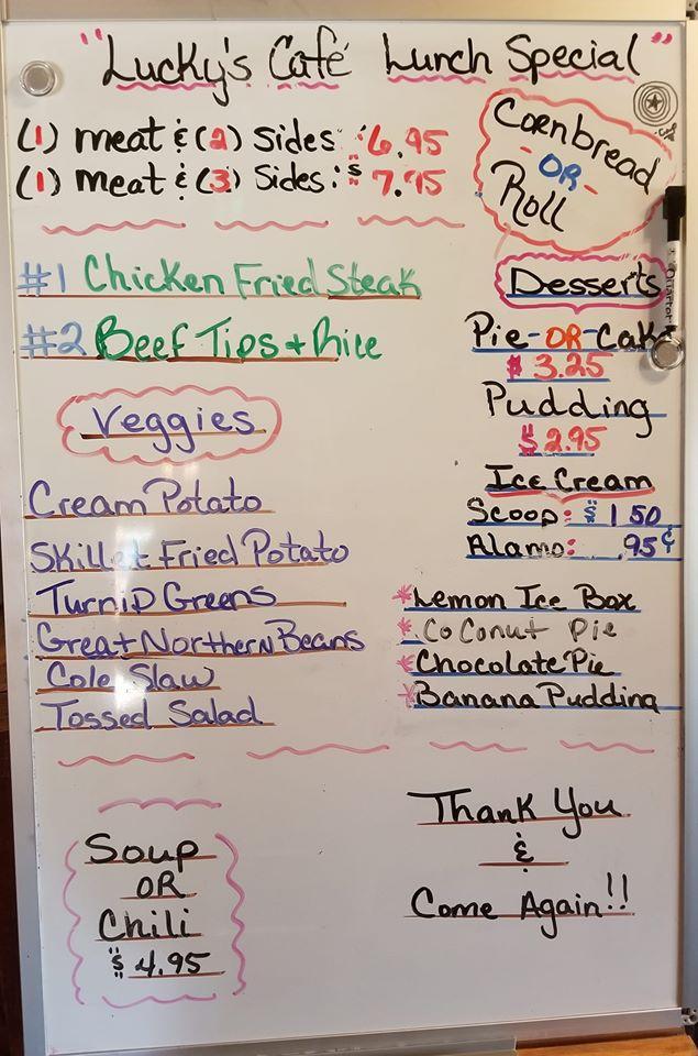 Menu at Lucky's restaurant, Pine Bluff