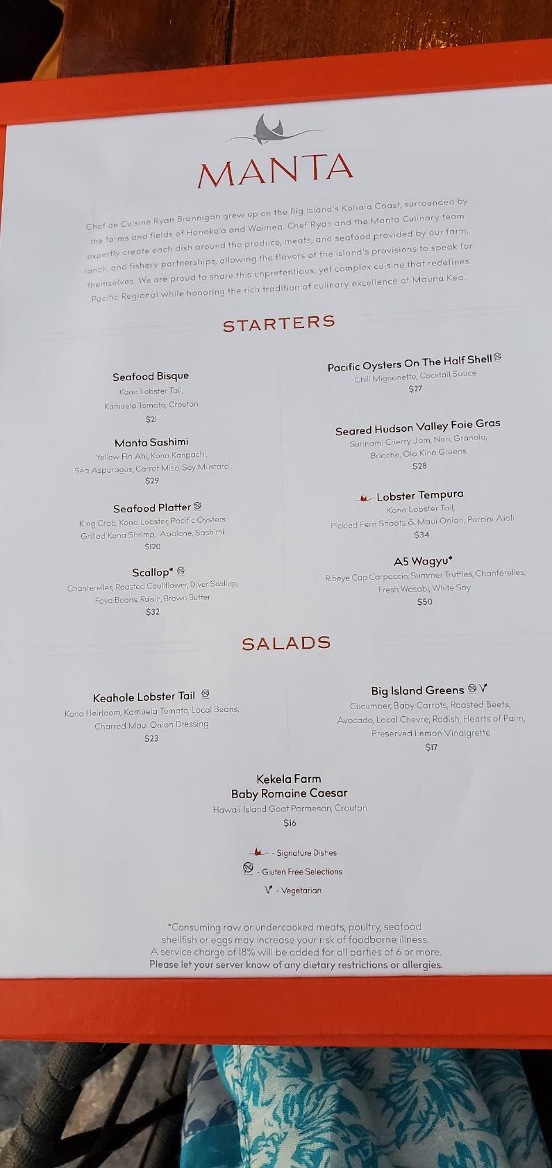 Menu at Manta Restaurant, Puako, Mauna Kea Beach Hotel