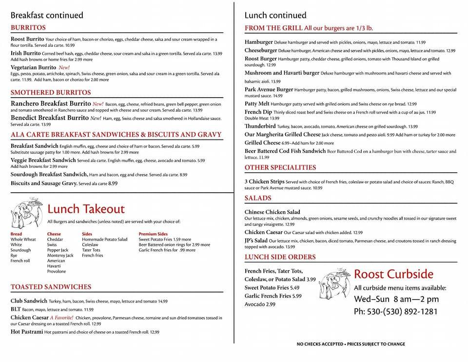 Menu at The Roost Cafe, Chico