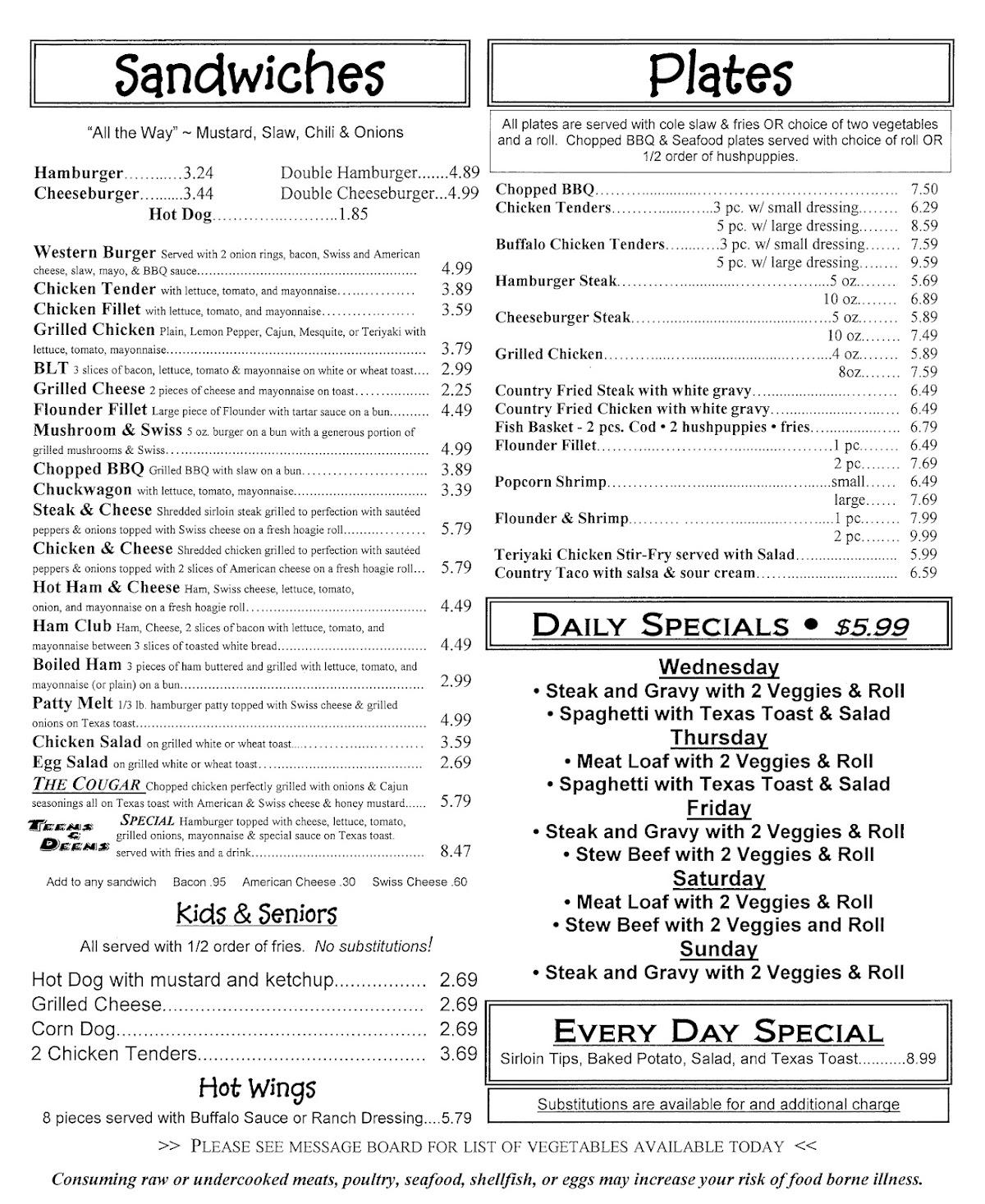 Menu at Teens & Deens Country Kitchen restaurant, Township of Taylorsville