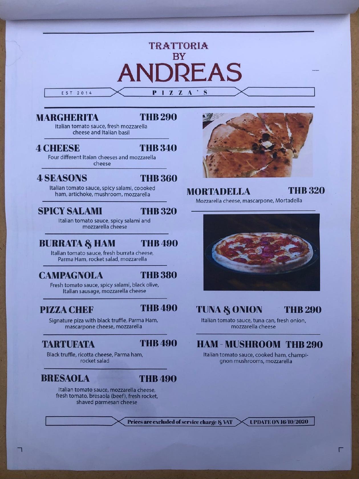 Menu at Trattoria by Andreas restaurant, Hua Hin