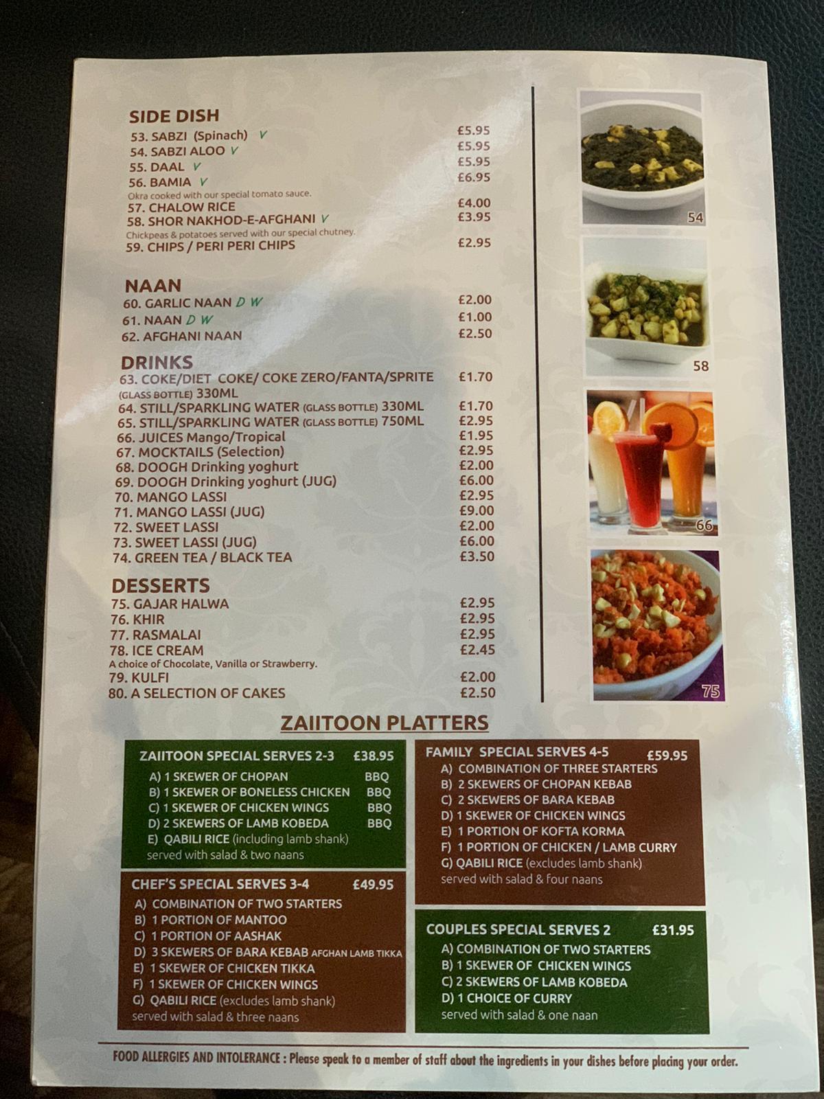 Menu at Zaiitoon restaurant, Slough