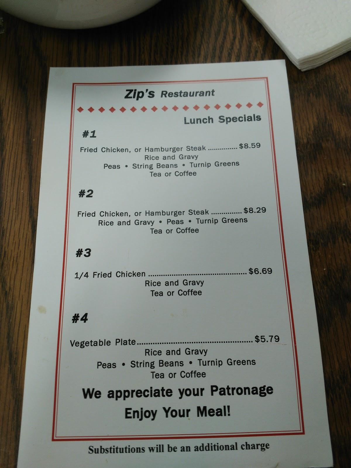 Menu at Zip's Cafe, Magee