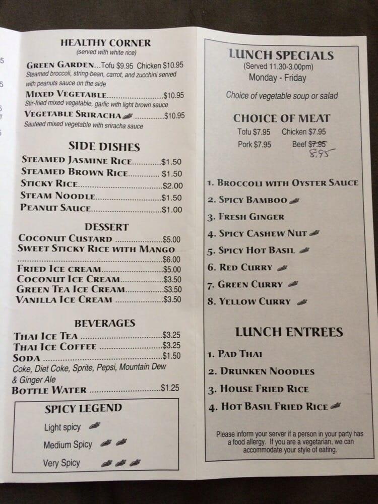 Menu at Bee's Thai Cuisine restaurant, Providence