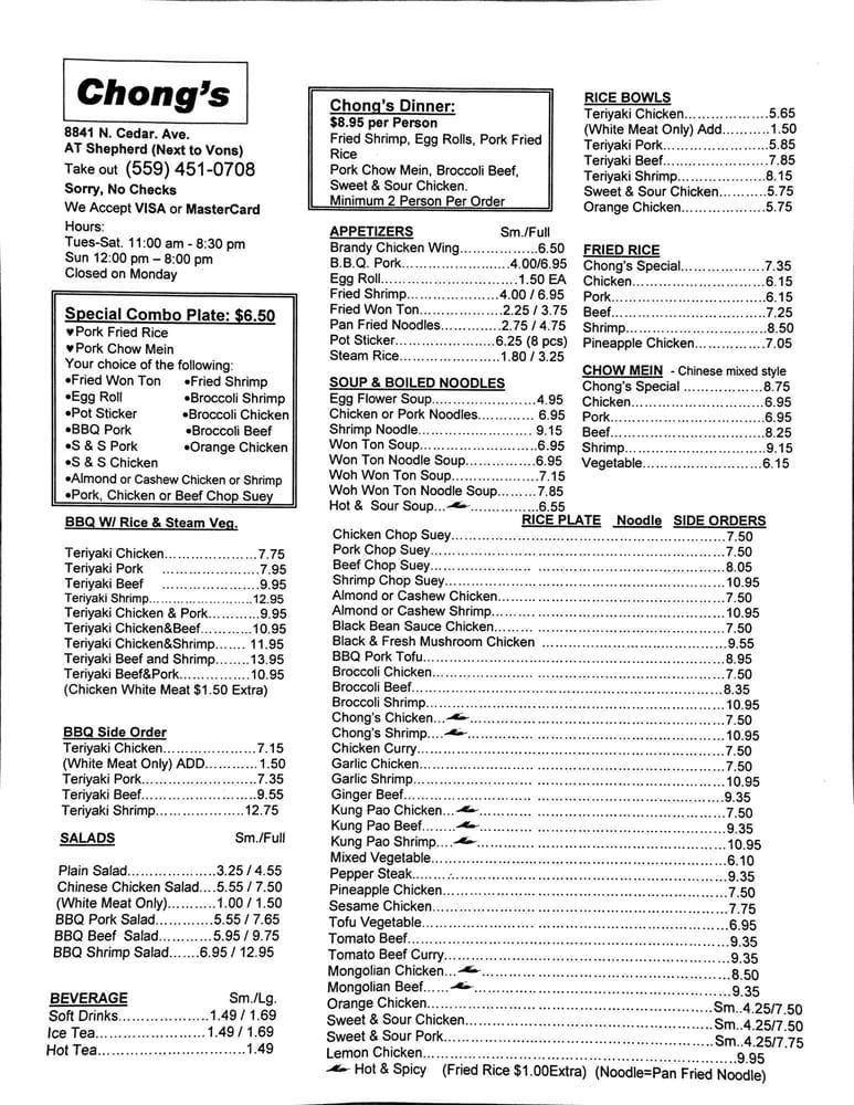 Menu at Chong's Chinese Bar'b'que & Salads, Fresno