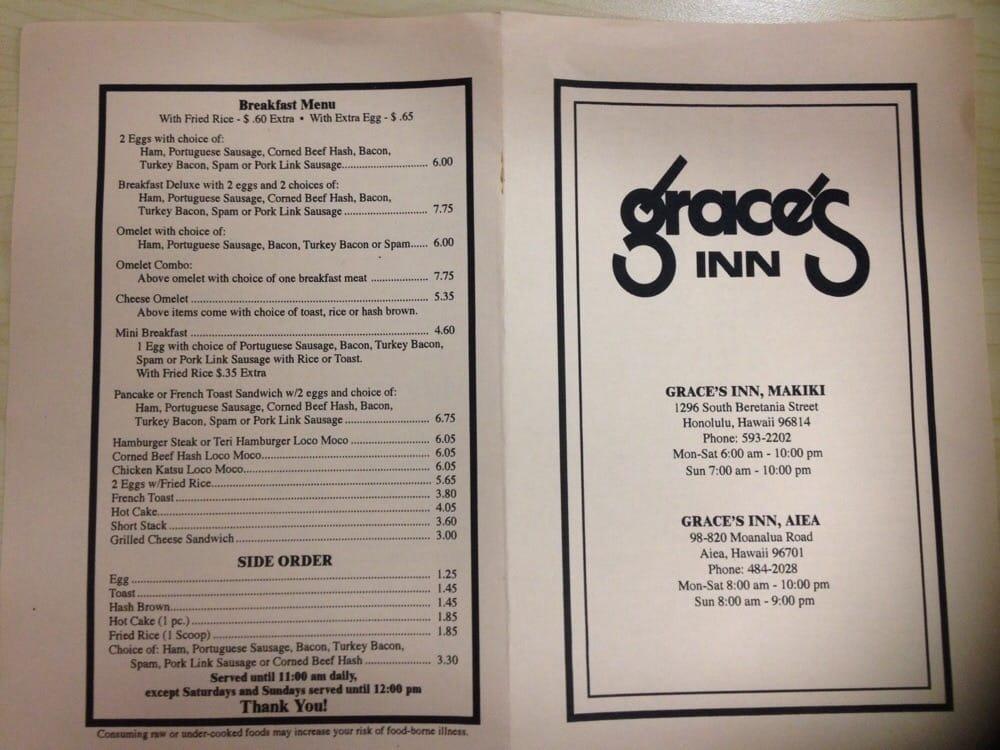 Menu at Grace's Inn fast food, Honolulu, S Beretania St. # 101