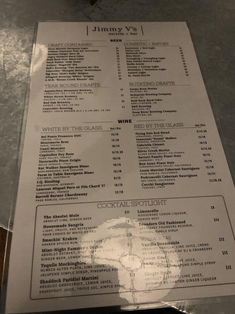 Menu at Jimmy V's Osteria & Bar, Raleigh