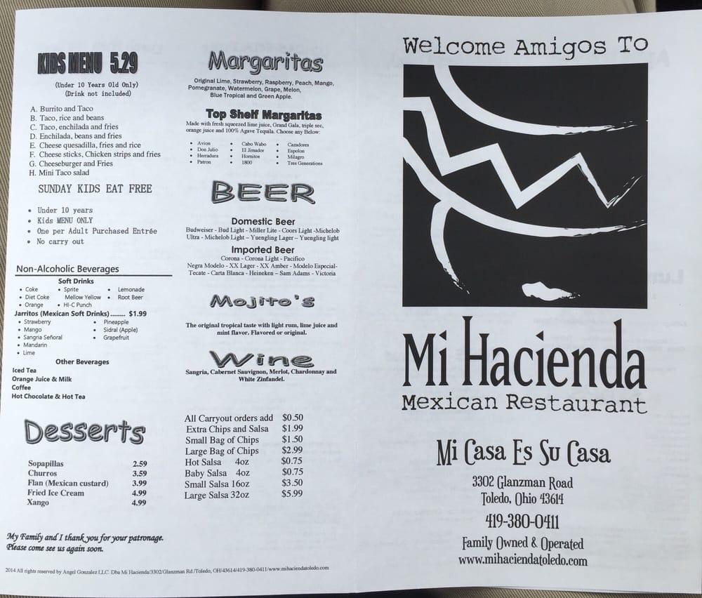 Menu at Mi Hacienda Mexican Restaurant, Toledo