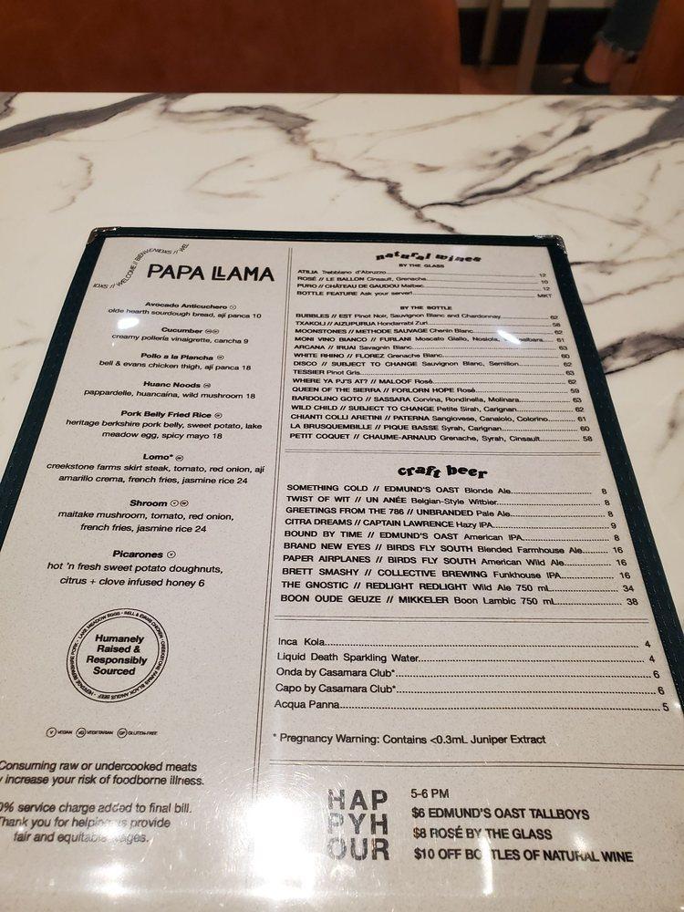 Menu at PAPA LLAMA Good Food & Natural Wine pub & bar, Orlando